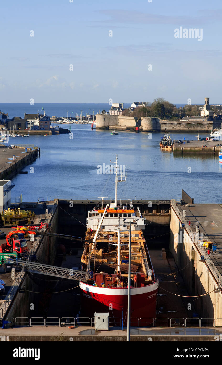 France, Finistere, Concarneau, shipyard and harbour seen from the Moros ...