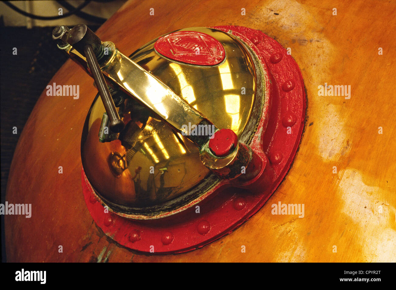 Whiskey distilling detail of copper pot still pressure hatch Stock ...