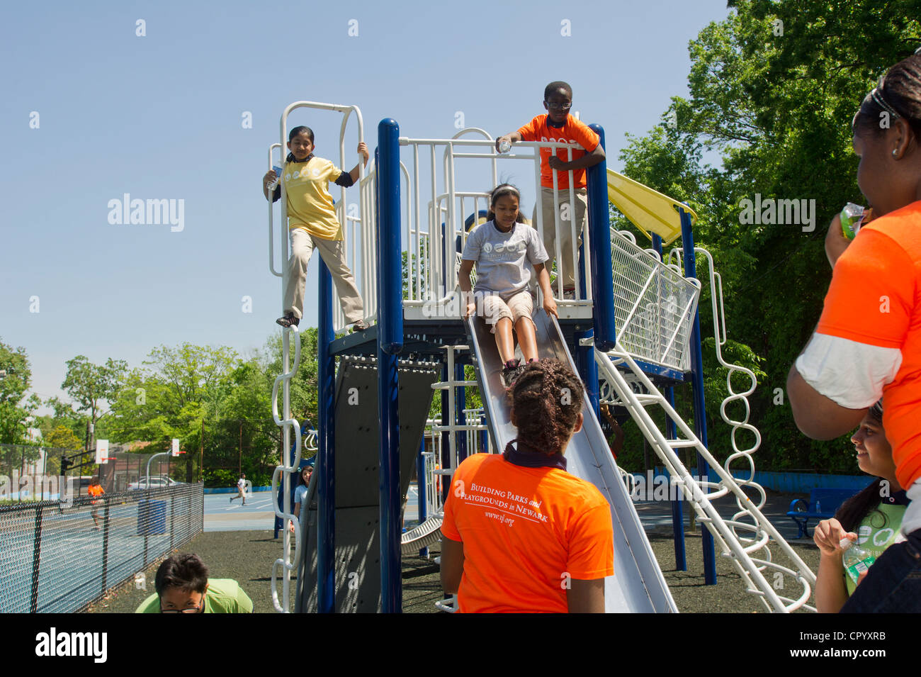 Sixth graders play in the playground at a school in Newark, NJ Stock ...