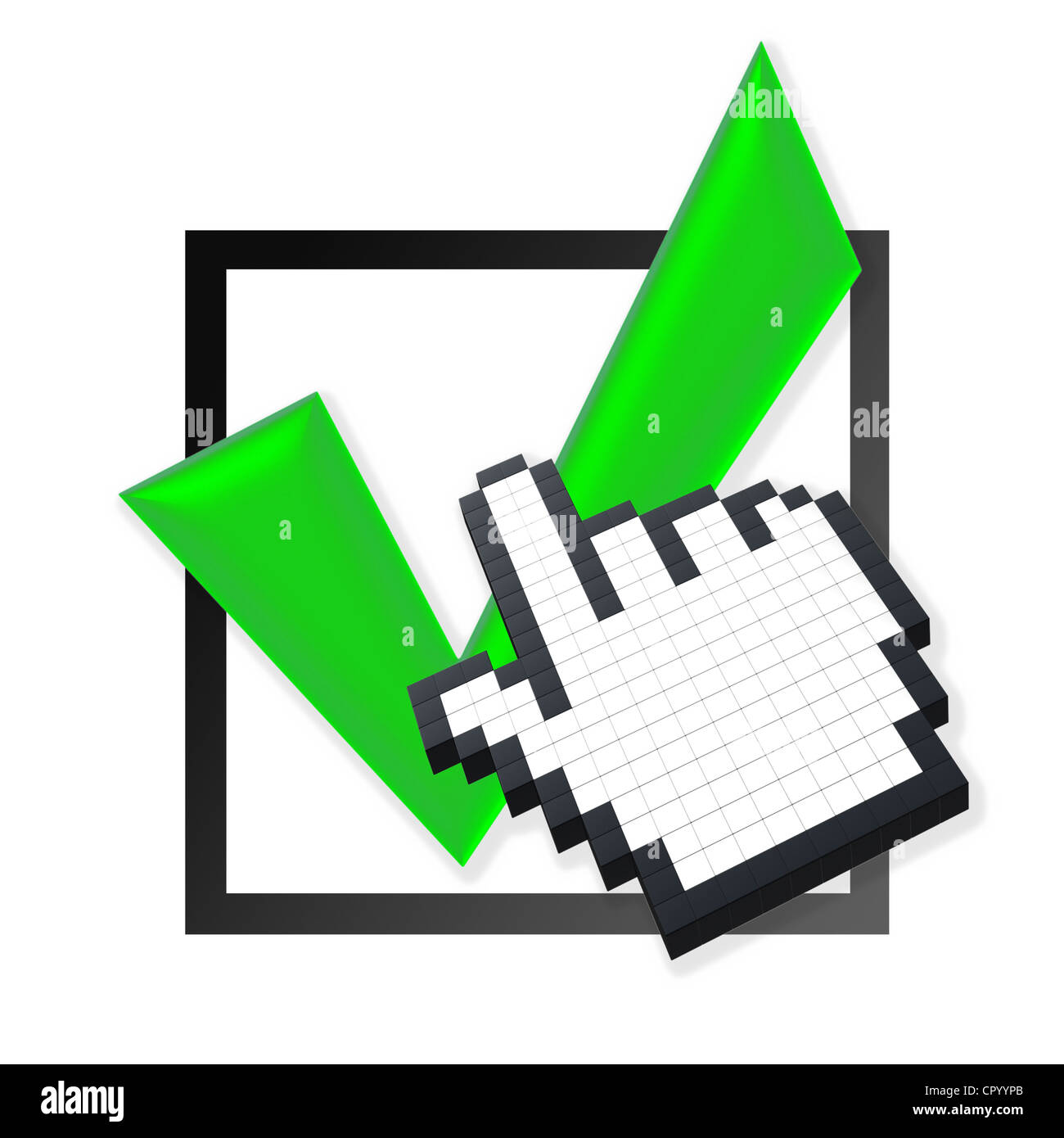 Hand shape cursor with green check mark - isolated on white background ...