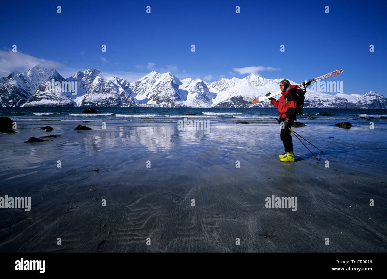 Norway, Troms County, Lyngen Alps, Ski touring on the beach after going ...