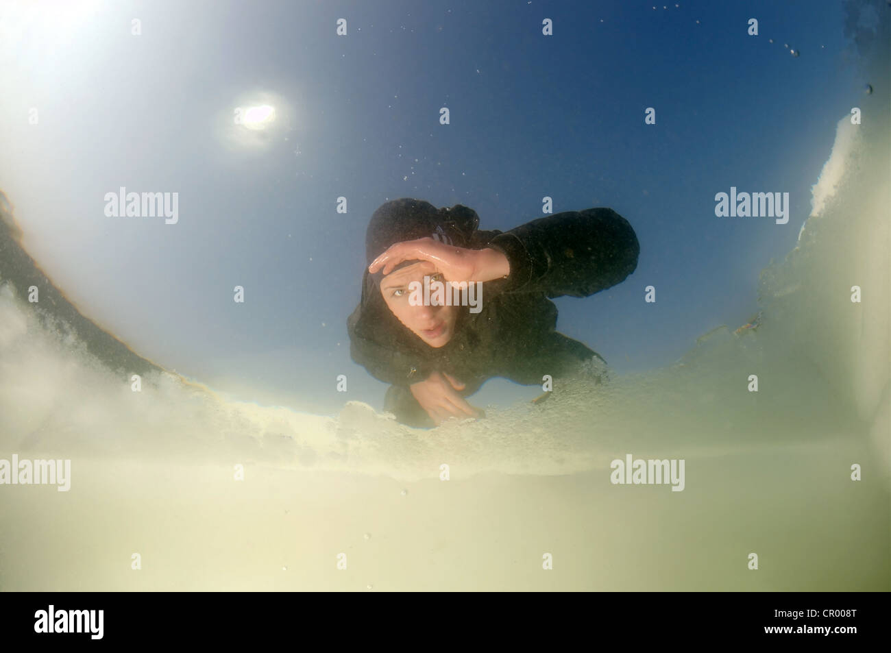 Diver looking into an ice hole, subglacial diving, ice diving, in the ...
