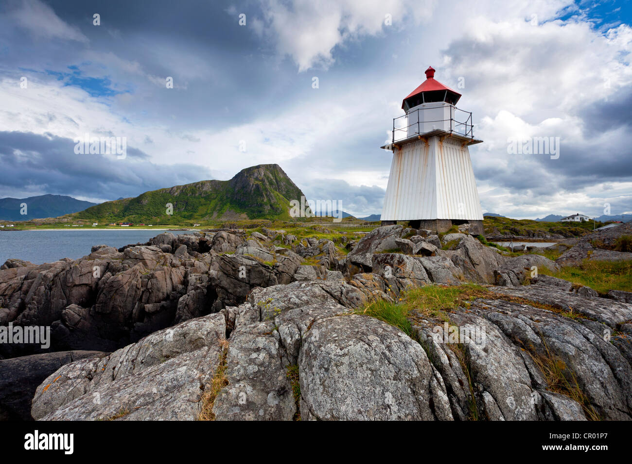 Lighthouse in Hov with cloudy sky, Lofoten Islands, Norway, Scandinavia ...