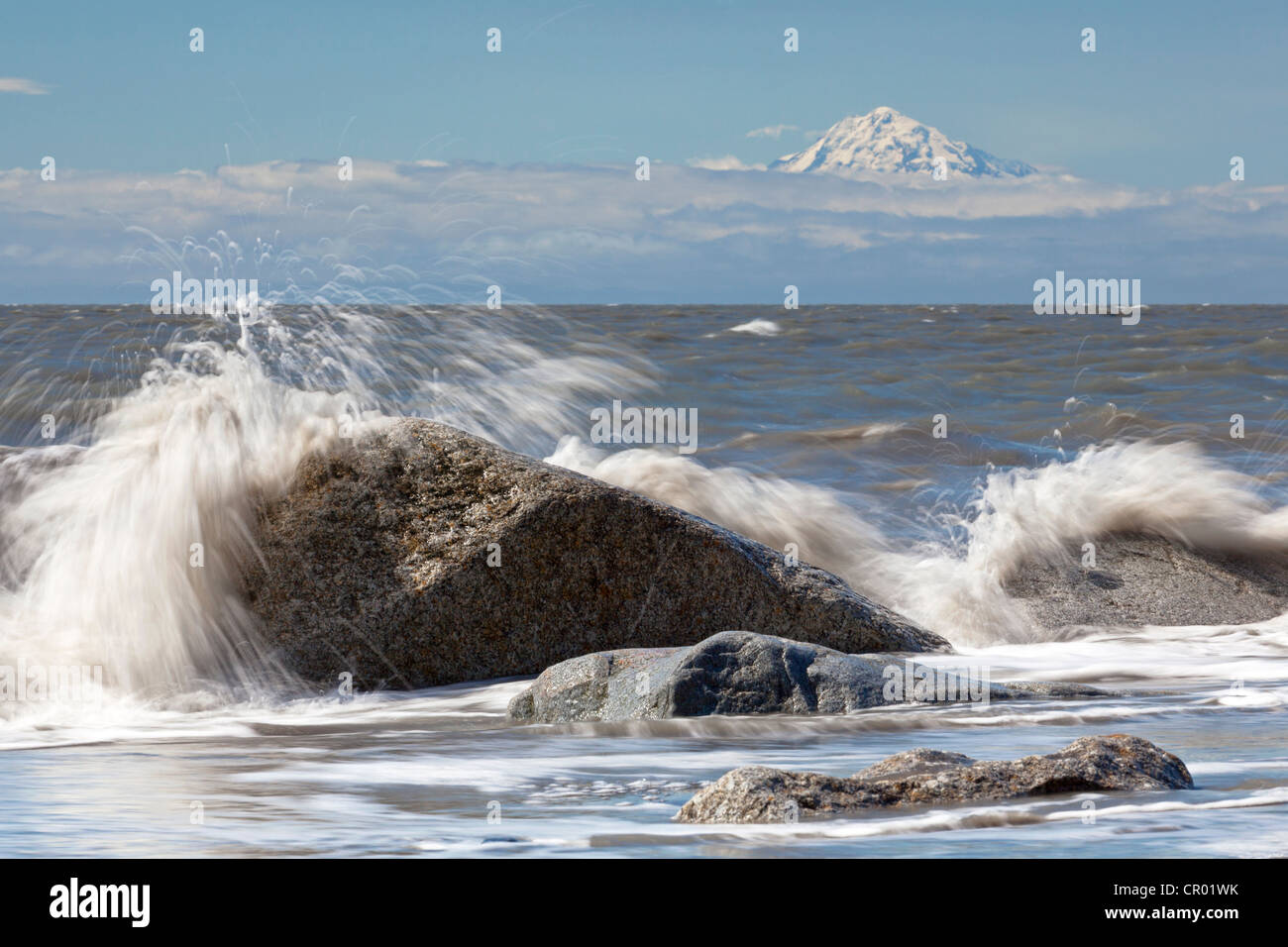 Surf zone on the beach in Kenai on the Kenai Peninsula with Mount ...