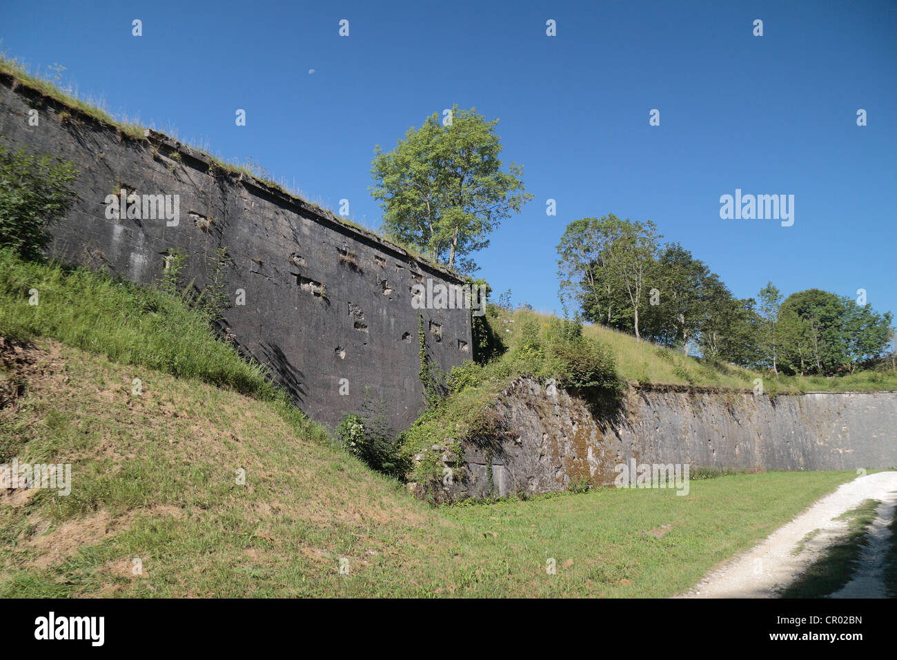 View of the massive stone walls around the Citadel of Verdun, Meuse ...
