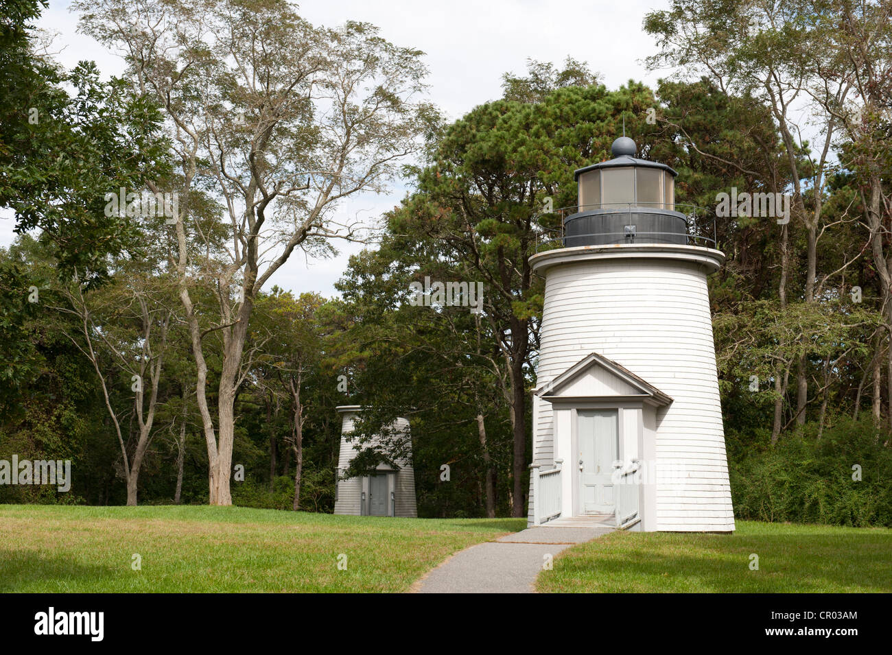 Two of the three lighthouses known as the Three Sisters Lighthouses ...