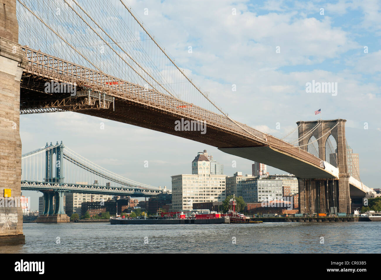 Brooklyn Bridge, a suspension bridge spanning the East River, with the ...