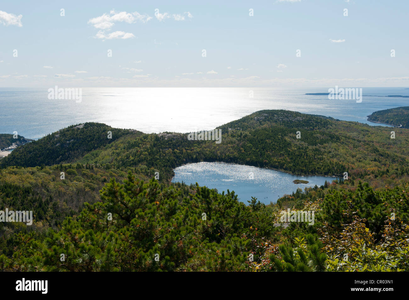 Forest and sea views from the summit of Champlain Mountain, 328 m, over ...