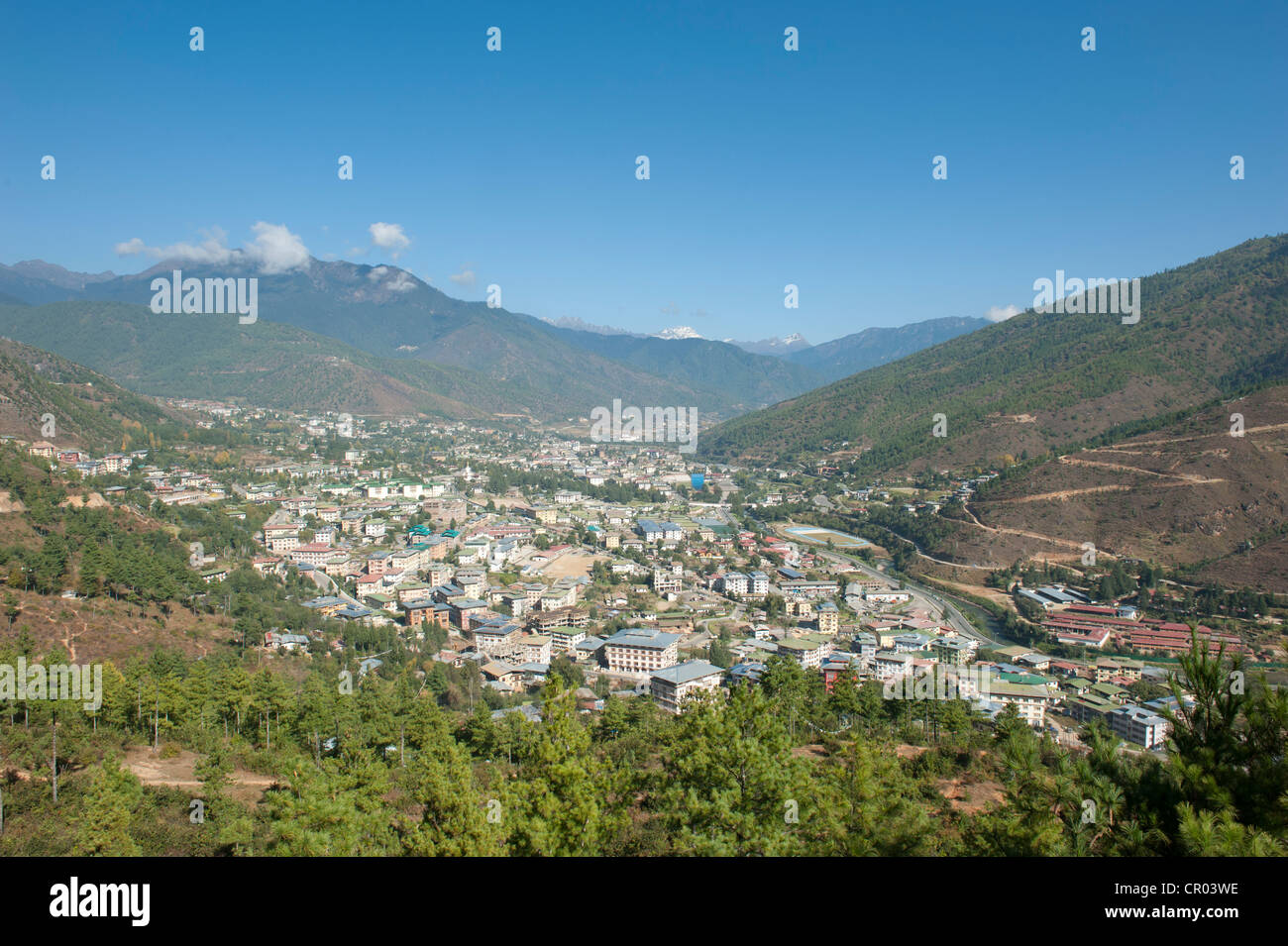 View from above to the capital of Thimphu, the Himalayas, Kingdom of ...
