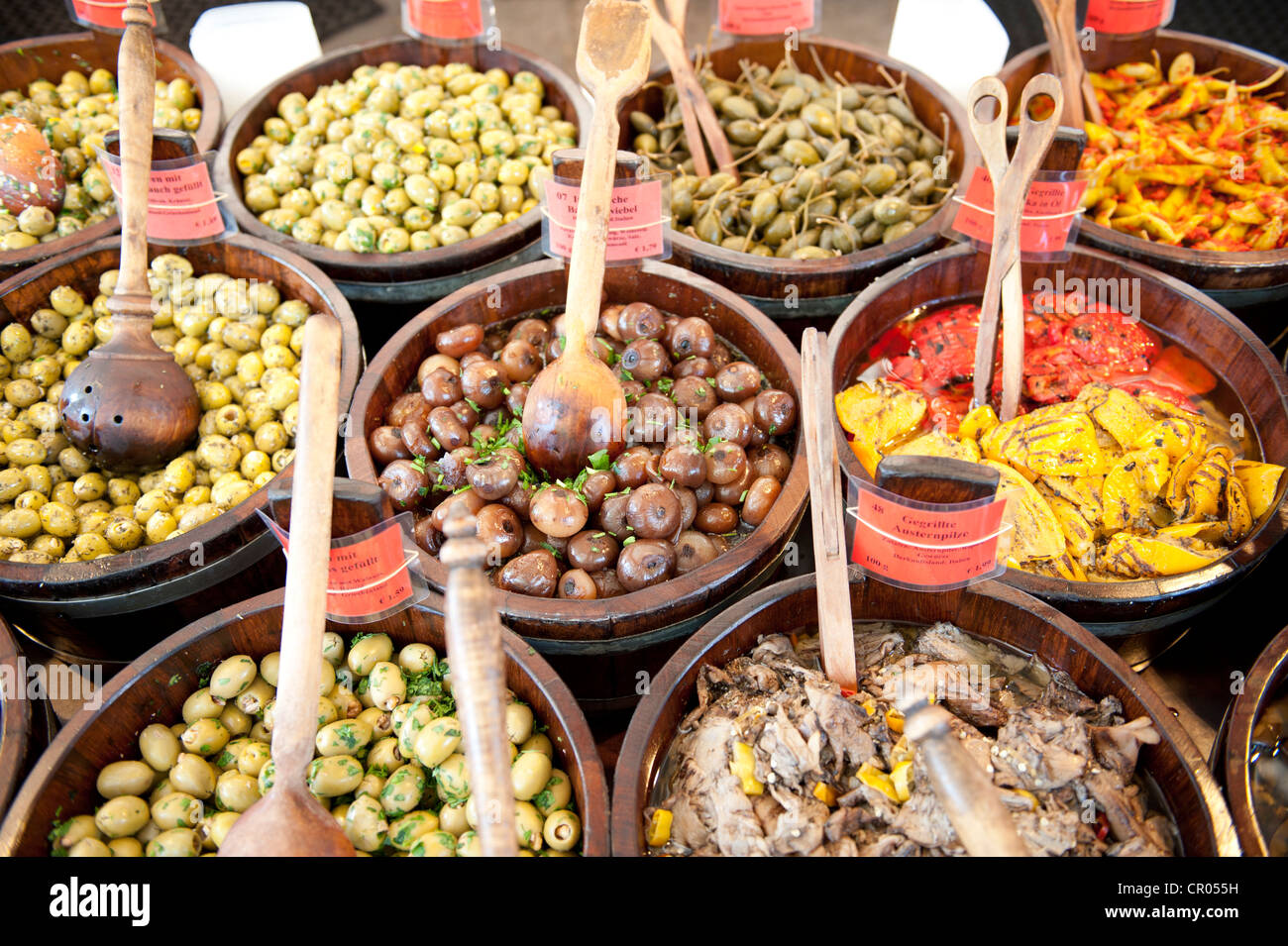 Market, vegetable stand, tasty marinated Mediterranean vegetables ...
