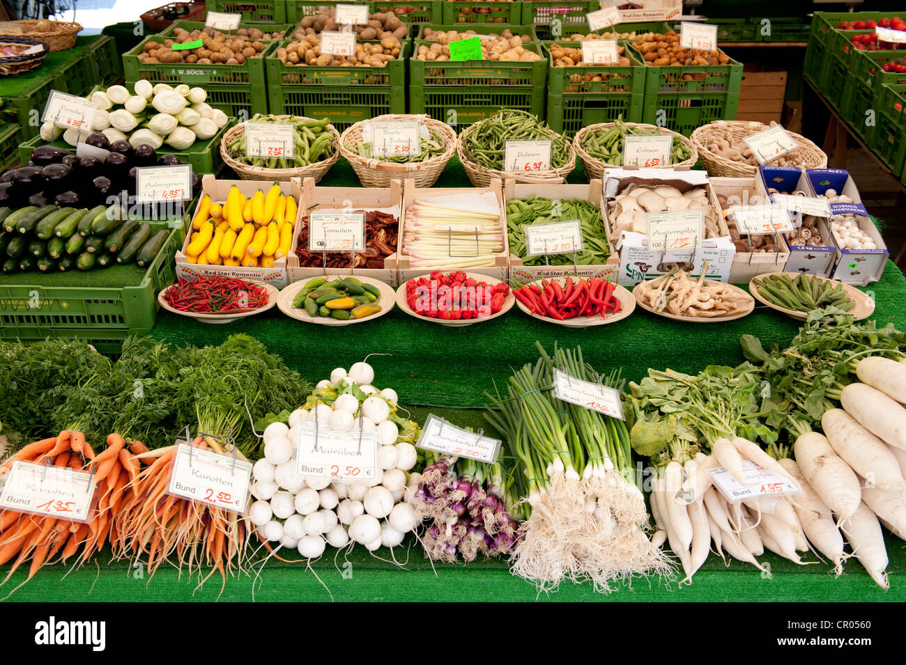 Market stall, vegetable stand, nicely decorated various vegetables ...