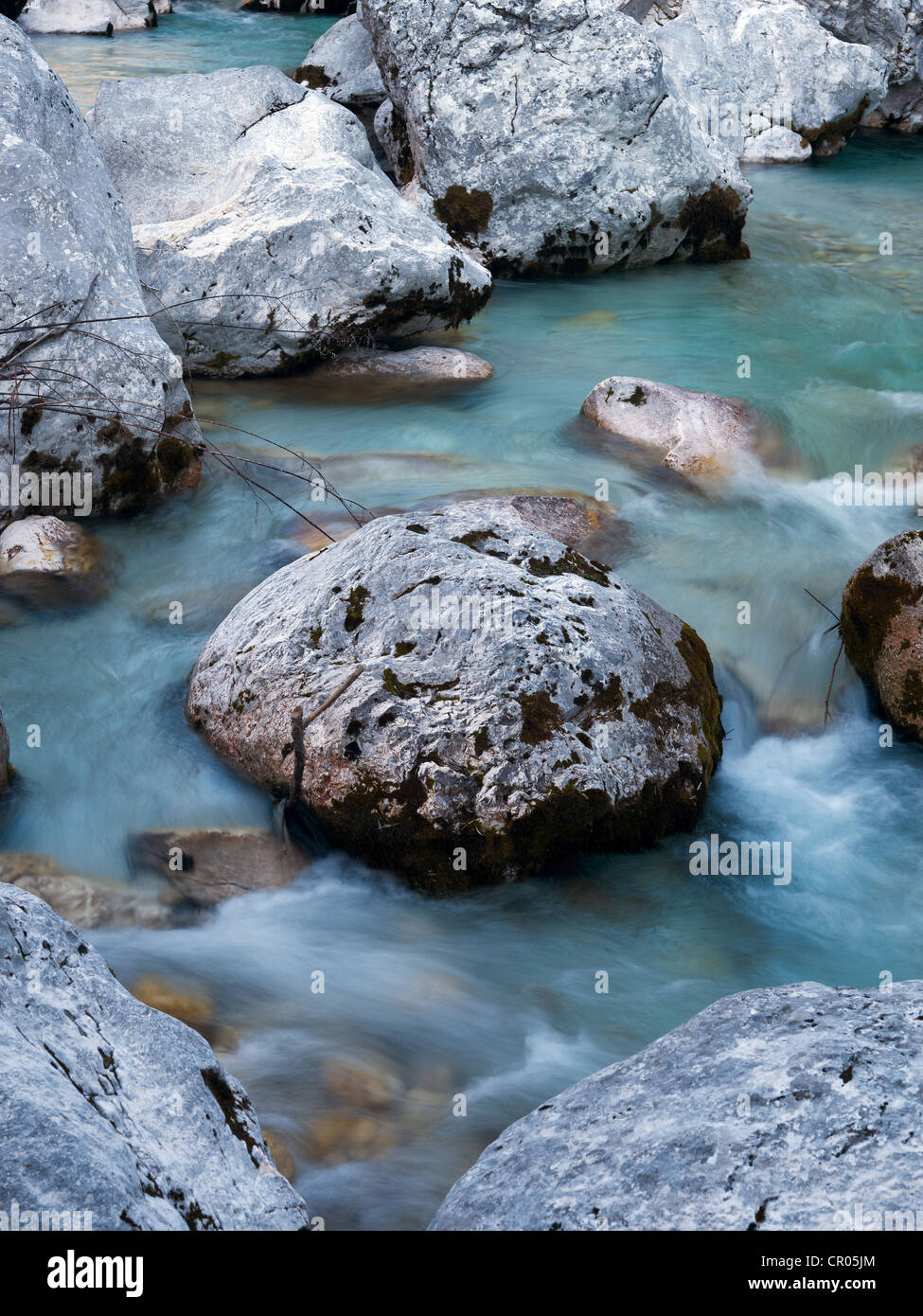 Boulders and stones in the river bed of the Soca river, Soca Valley ...