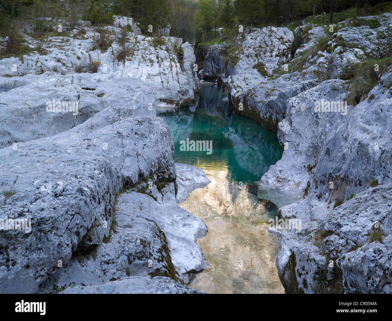 Narrow gorge overlooking turquoise Soca river, Soca valley near Bovec ...
