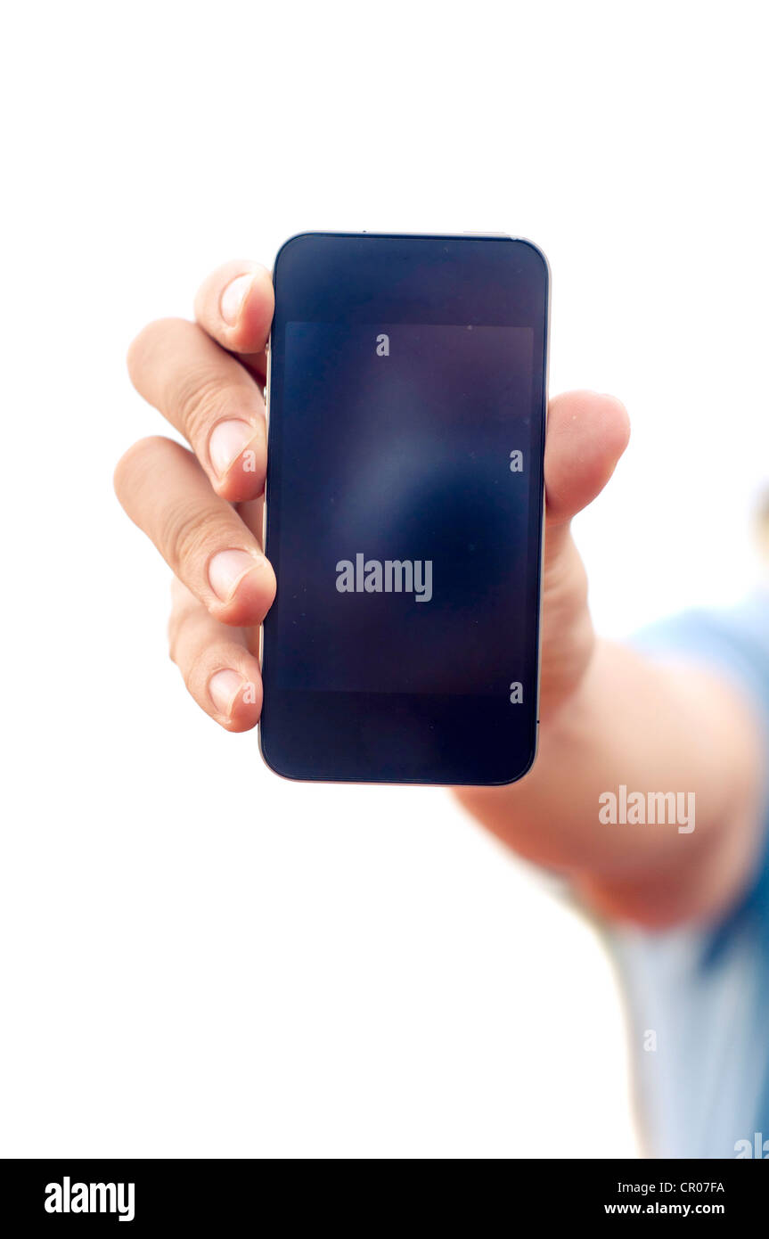man hand is holding smartphone or phone to show what is on the phone ...