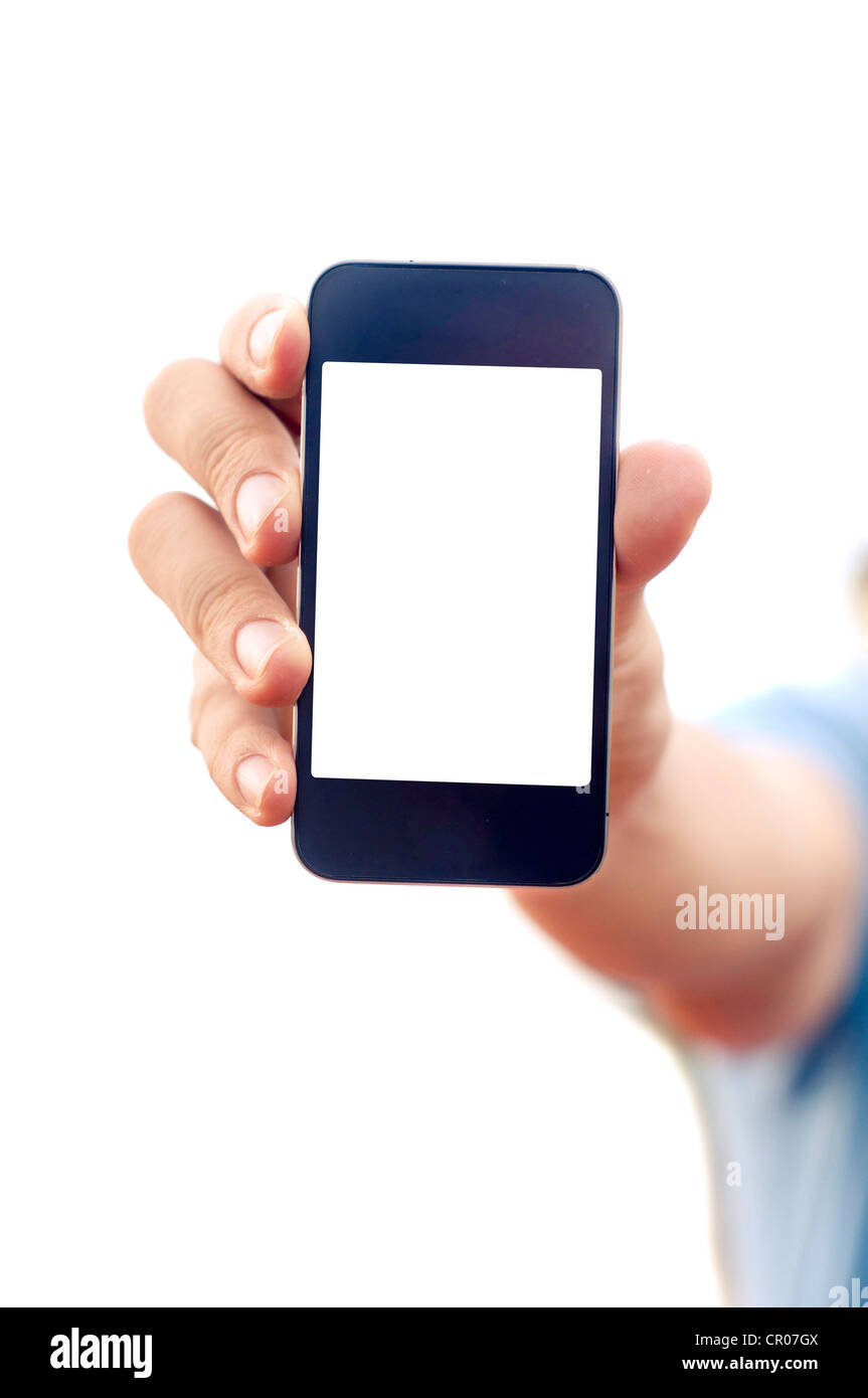 man hand is holding smartphone or phone to show what is on the phone ...