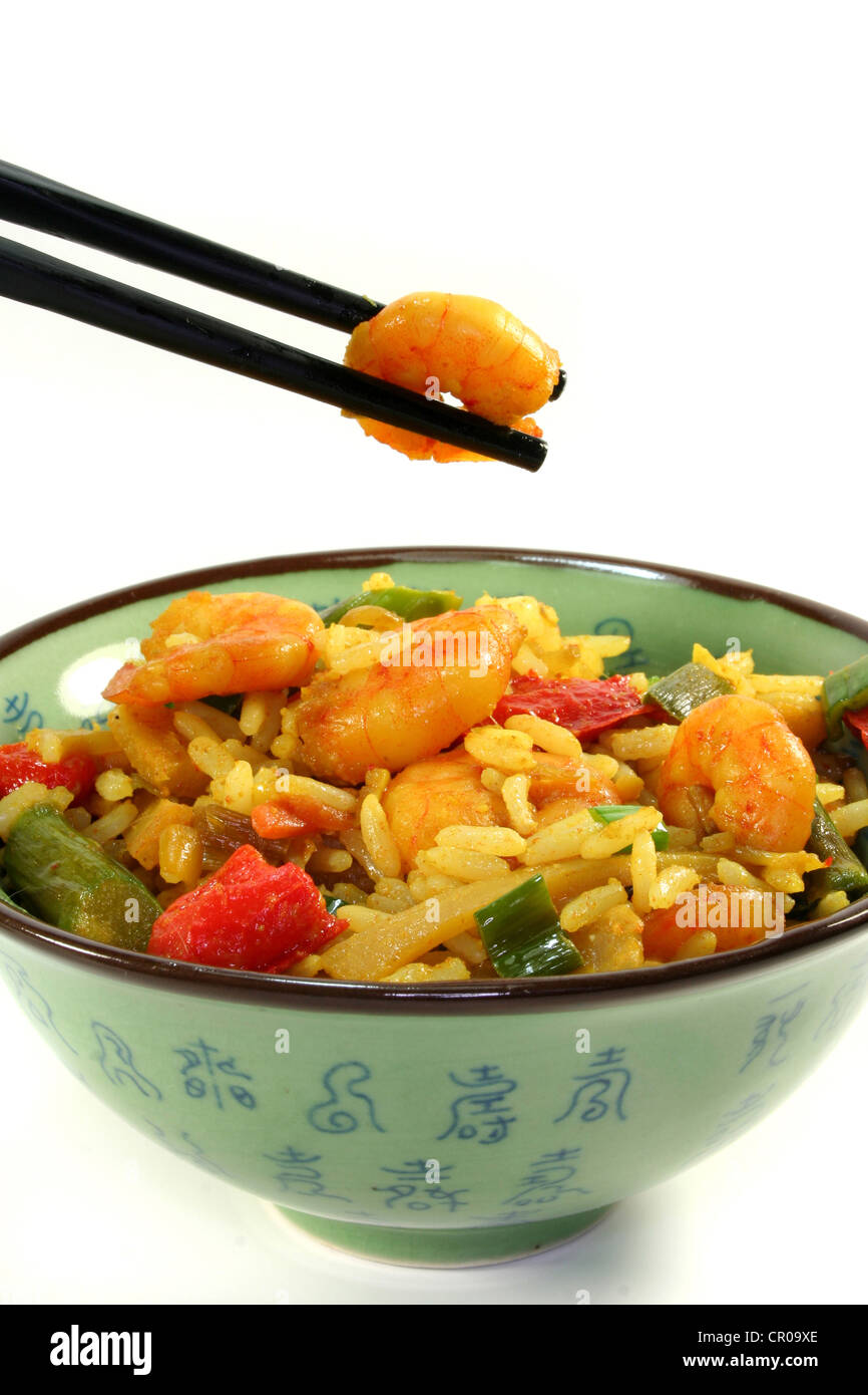Rice with asian shrimp in asian dishes Stock Photo - Alamy