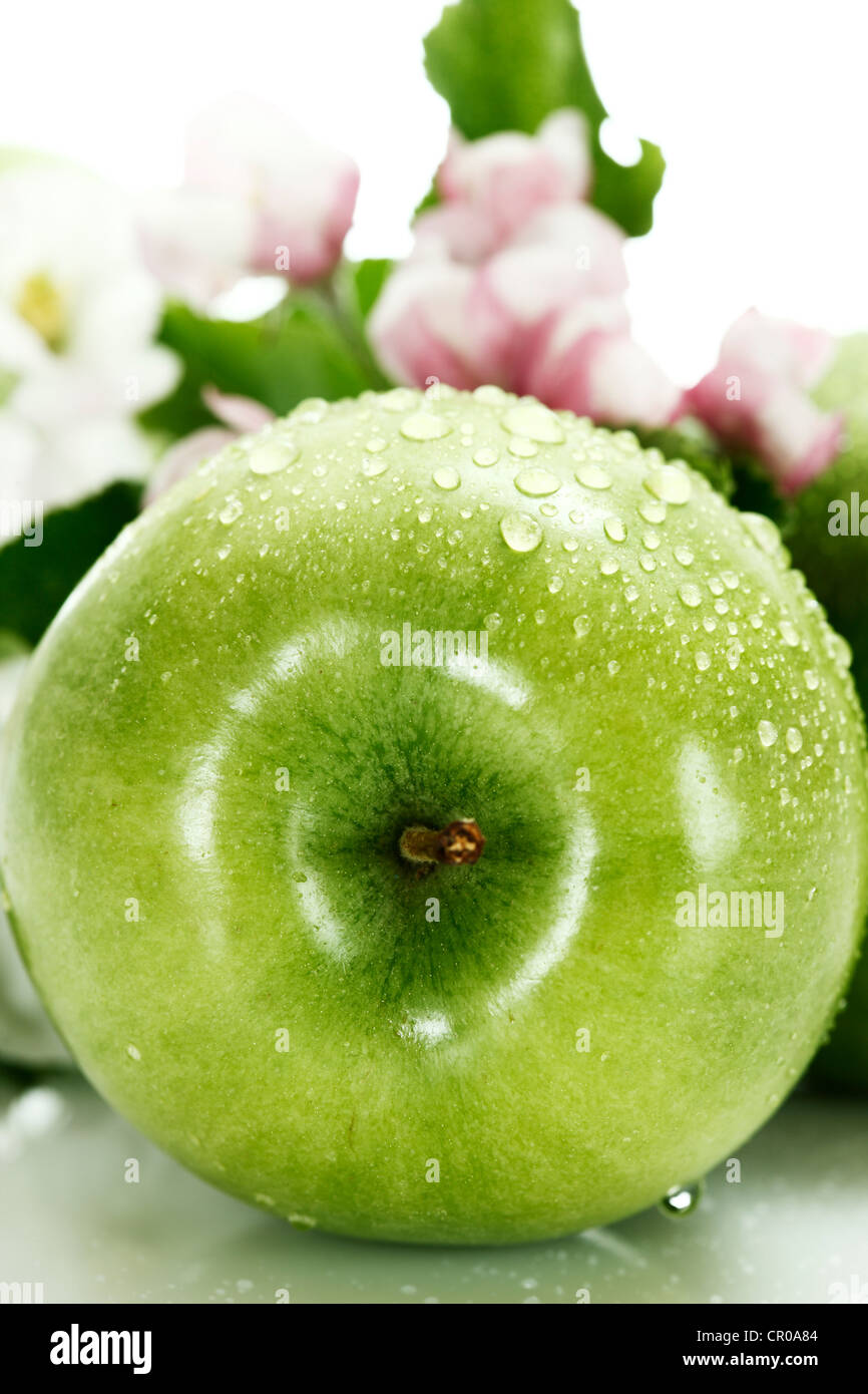 Green apple with water drops Stock Photo - Alamy
