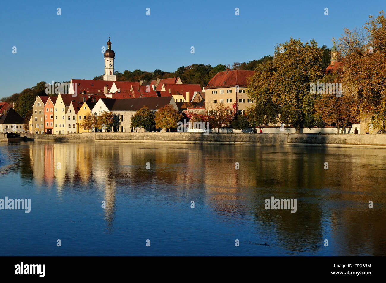 View over Lech river towards historic centre of Landsberg am Lech ...