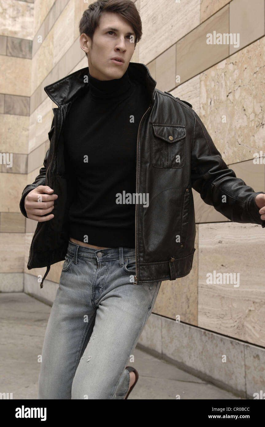 Running leather jacket hi-res stock photography and images - Alamy