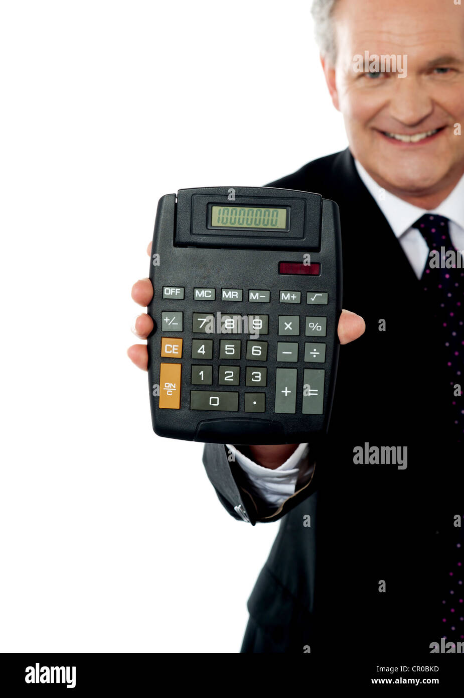 Cropped image of a businessman showing calculator to camera isolated ...