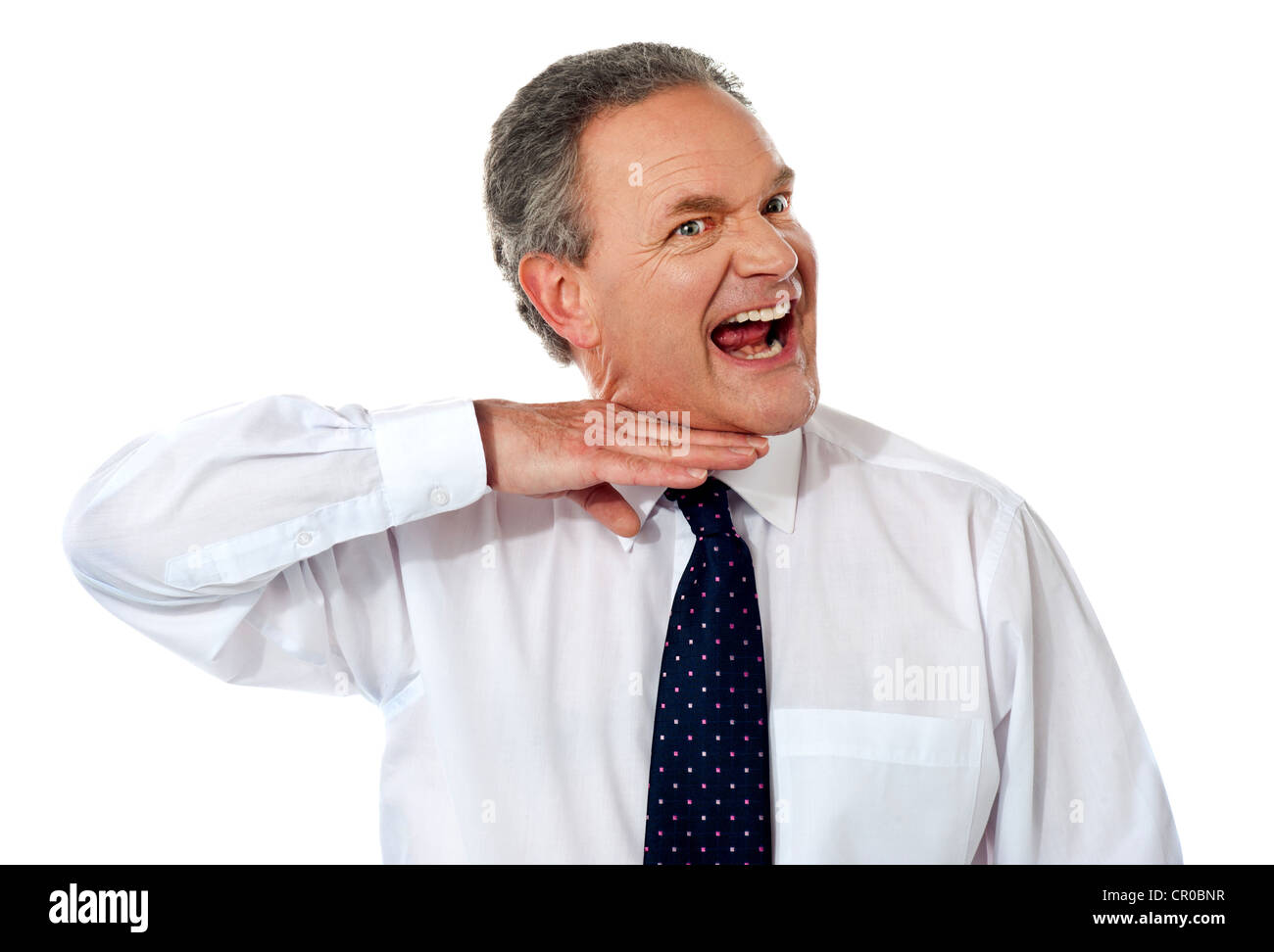 Extremely annoyed senior male executive isolated over white. Cut throat ...