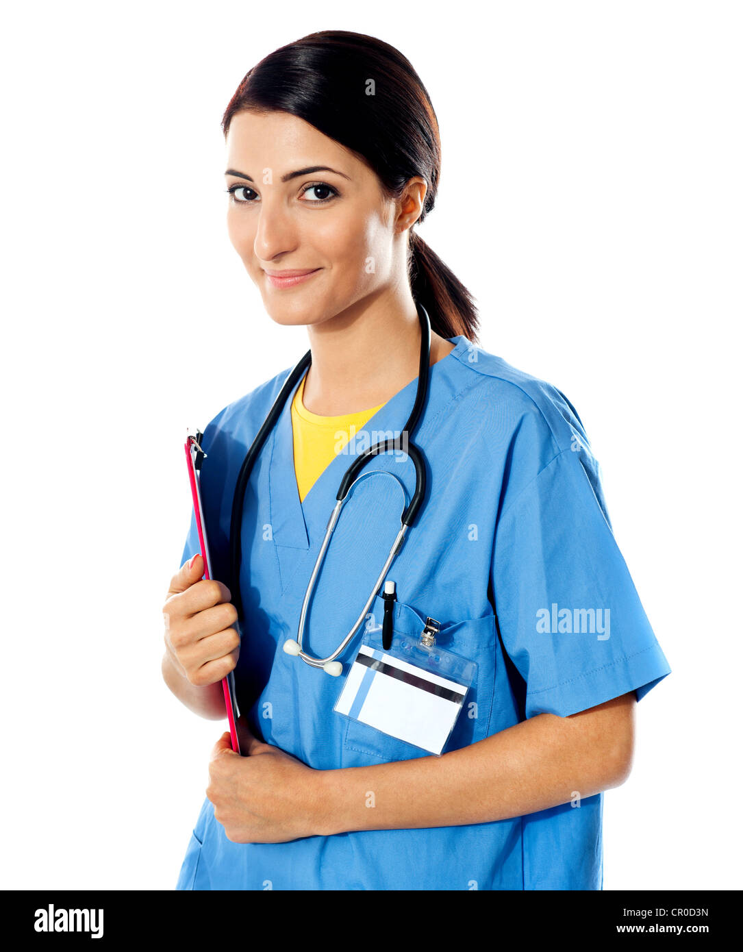 Beautiful lady doctor with stethoscope around her neck. Holding reports ...