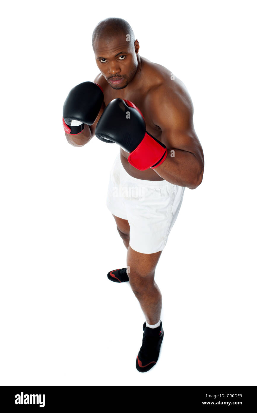 Black african boxer ready to fight. Giving serious look towards camera ...