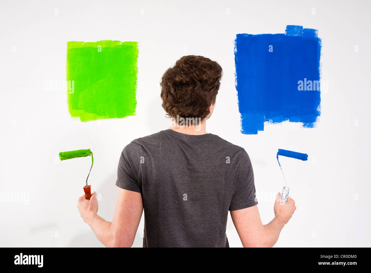 Young man painting a wall with paint samples Stock Photo - Alamy