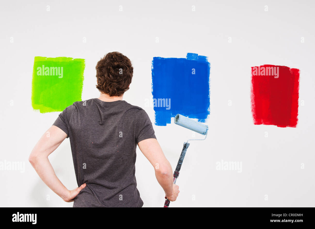 Young man painting a wall with paint samples Stock Photo - Alamy