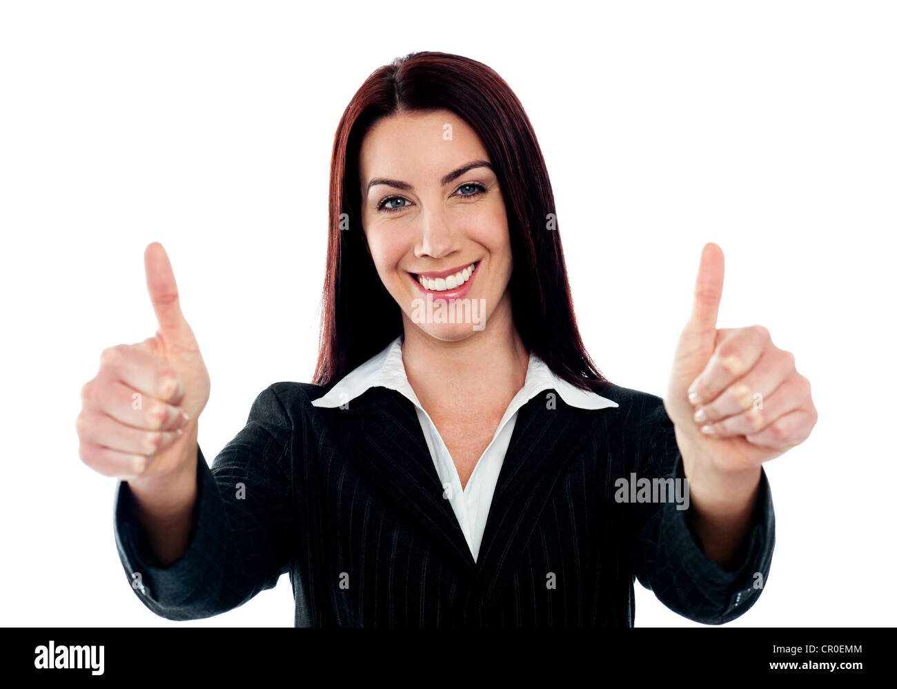Confident businesswoman showing double thumbs-up isolated over white ... Confident businesswoman showing double thumbs-up isolated over white ...