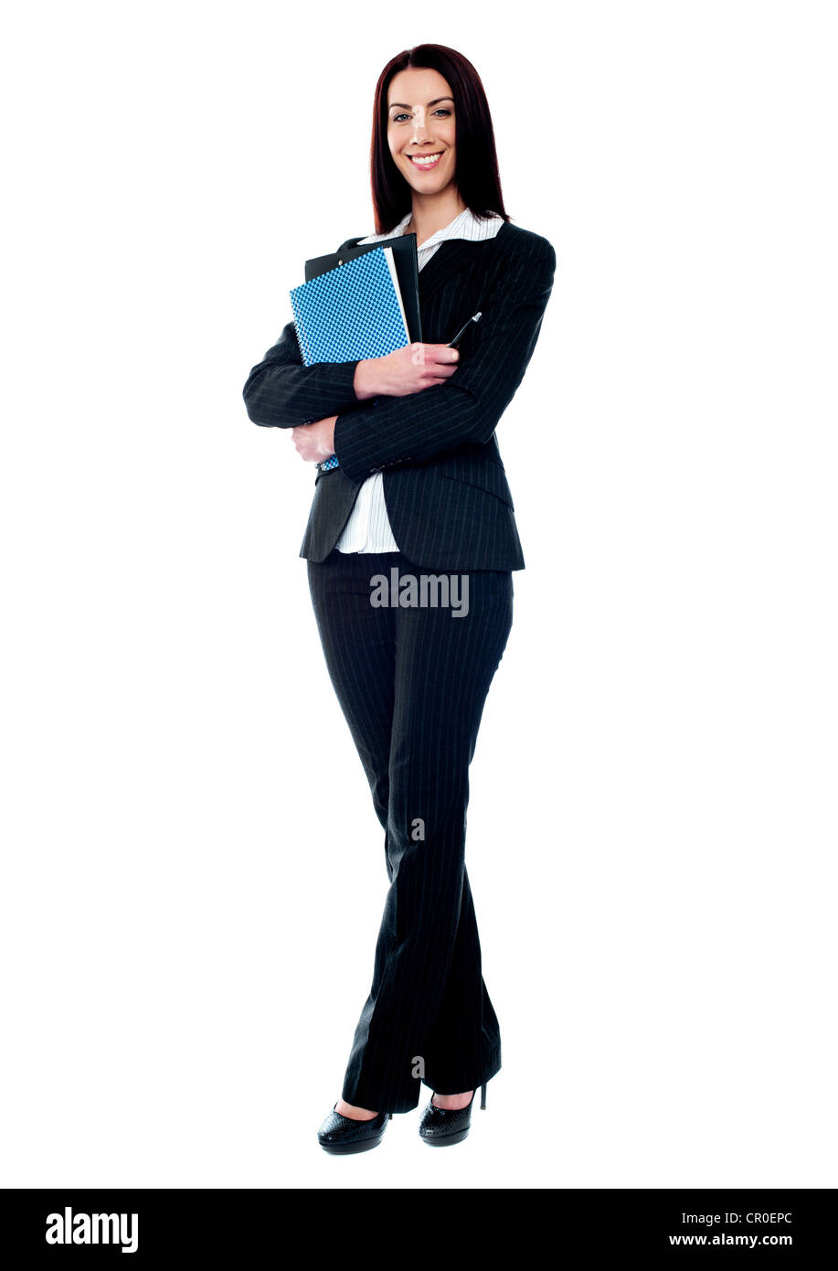 Isolated business woman holding documents. Full length portrait Stock ...