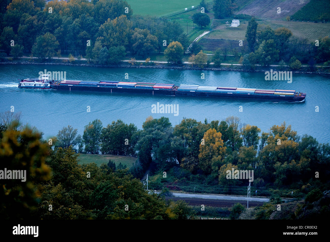 France, Drome, Barge, container going up Rhone River towards Tain L ...