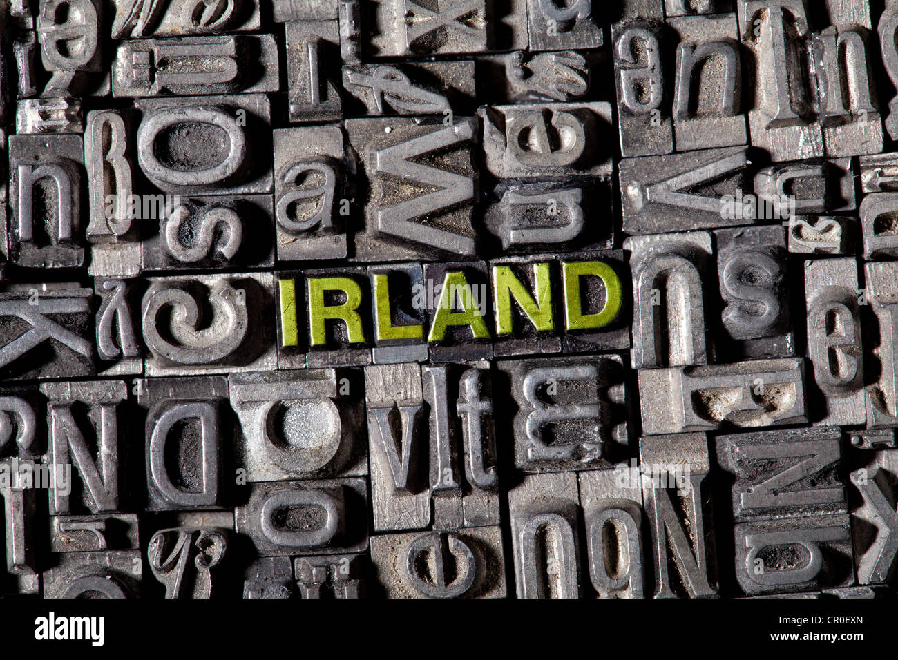 The word "Irland", German for "Ireland", made of old lead type Stock ...