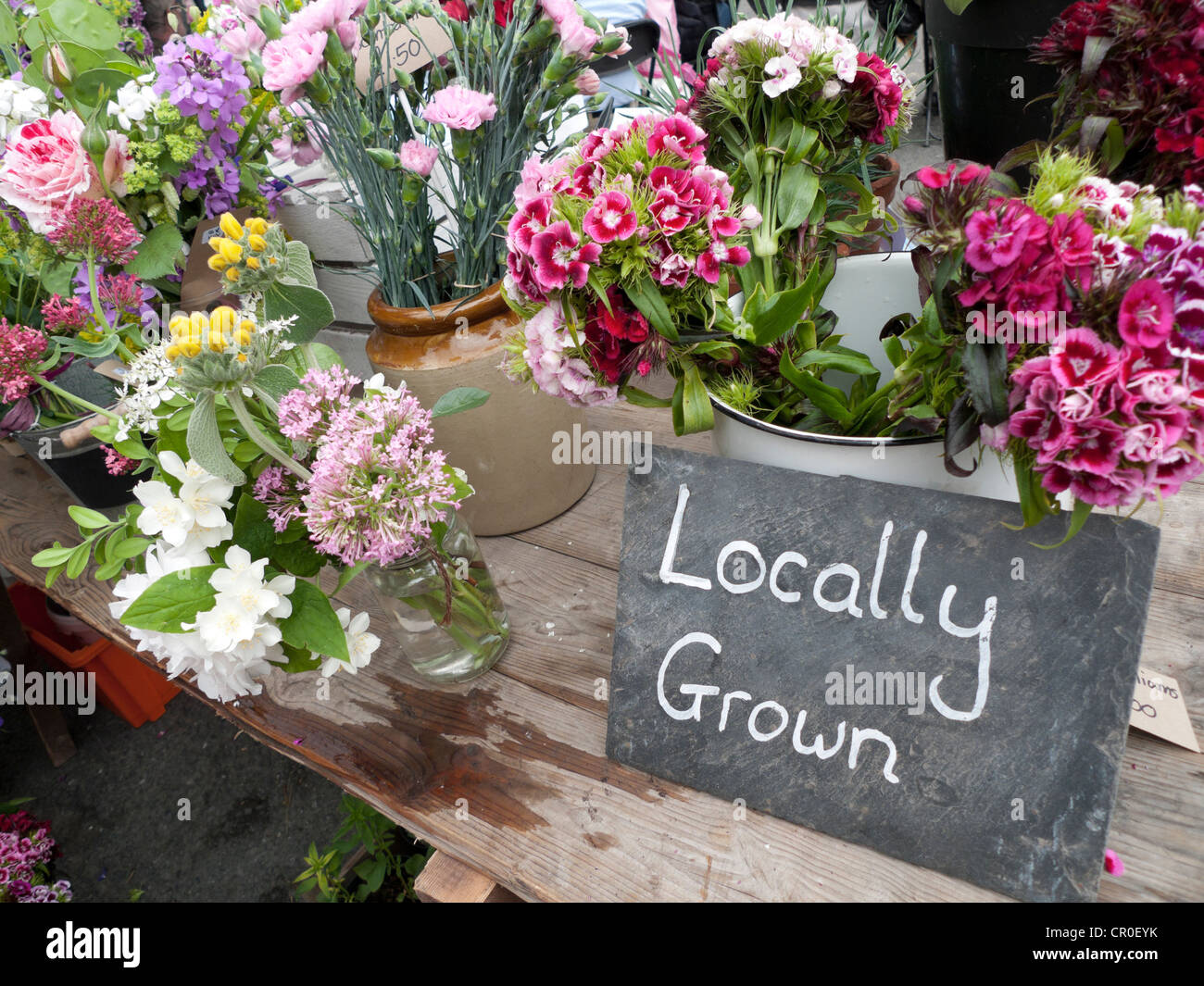 Locally grown sign at cut flower stall Hay on Wye during Hay Festival ...