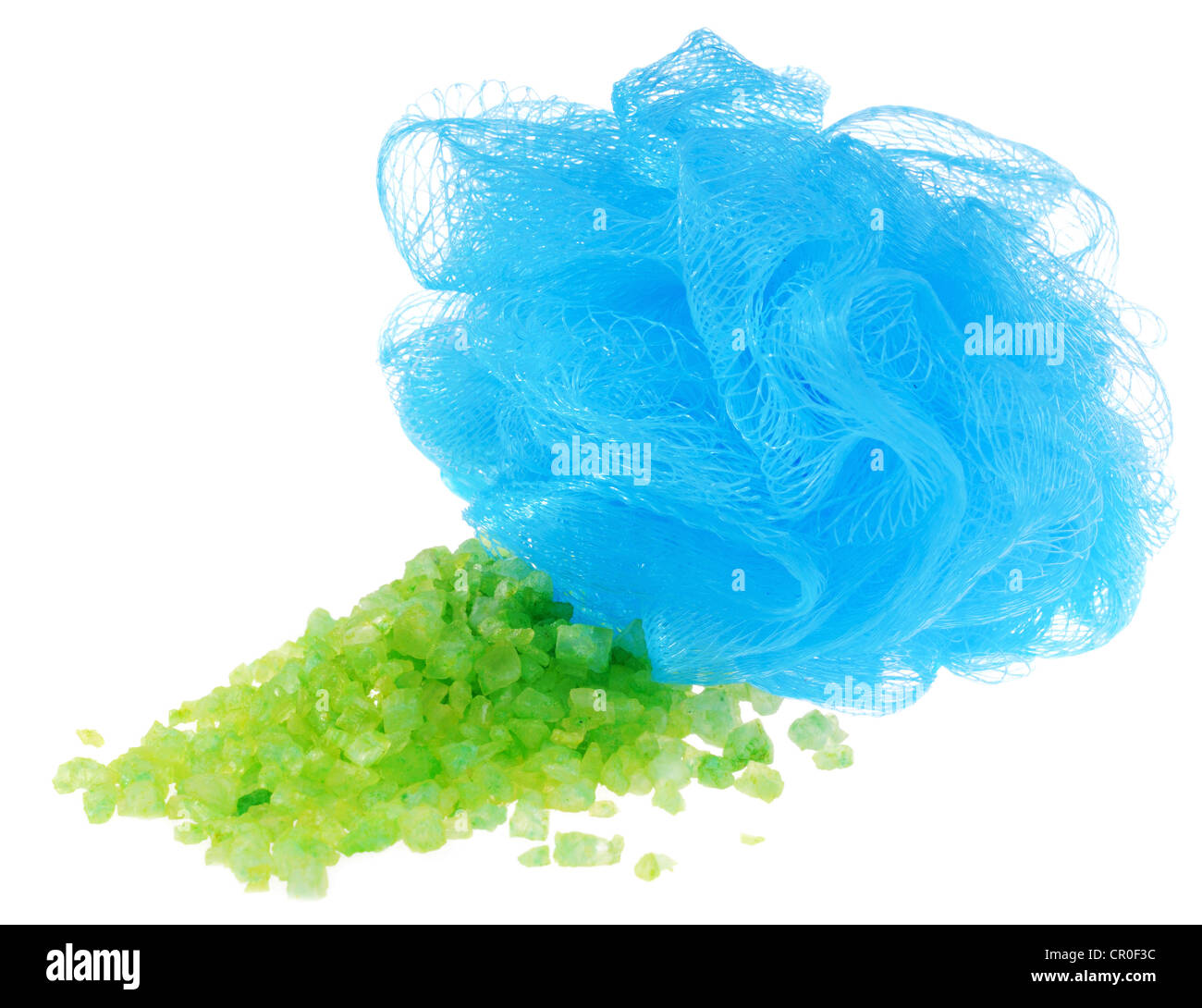 Blue netting loofah on white background Stock Photo - Alamy