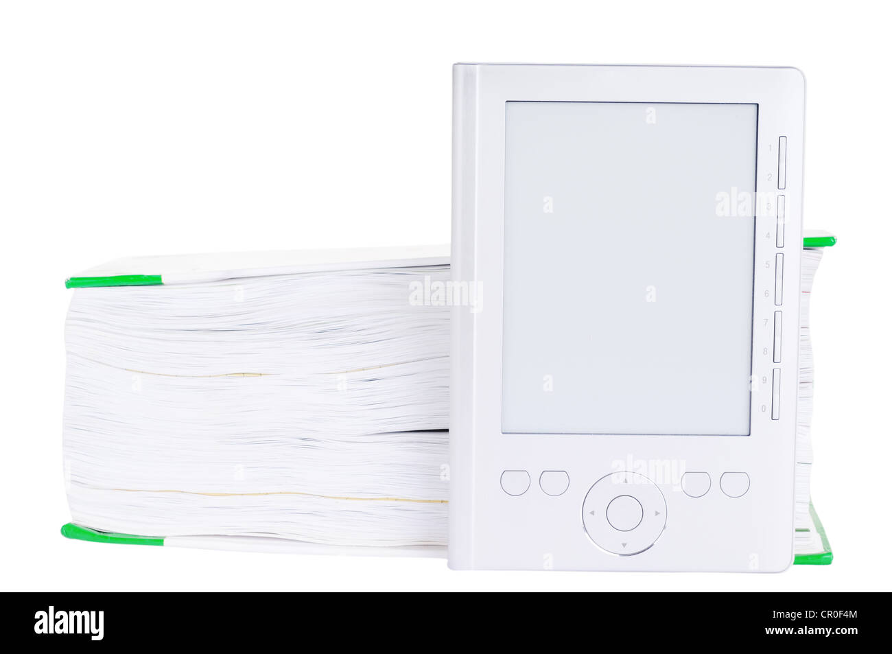 Grey electronic book and thick paper book isolated on white background ...