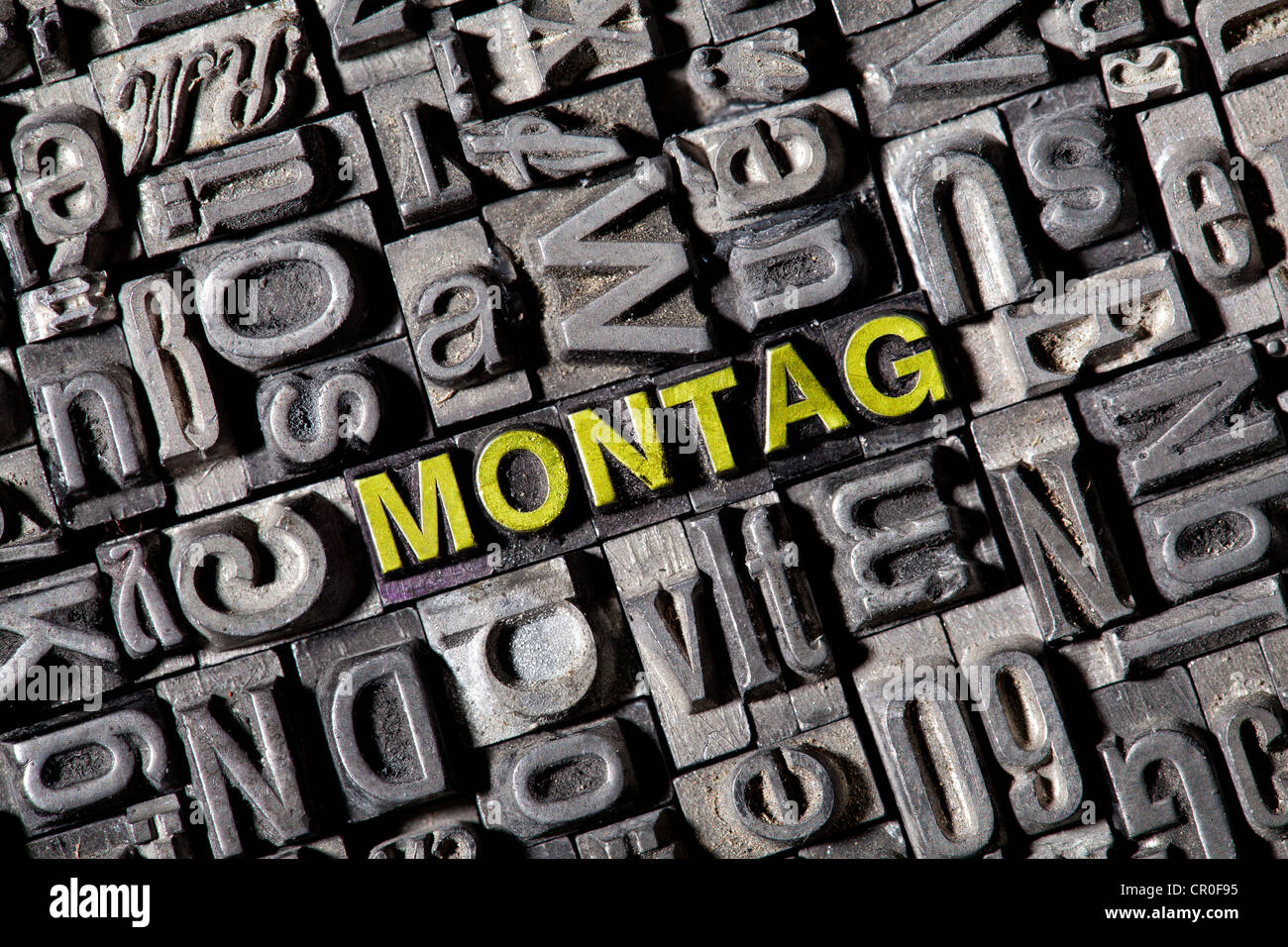 The word "Montag", German for "Monday", made of old lead type Stock ...