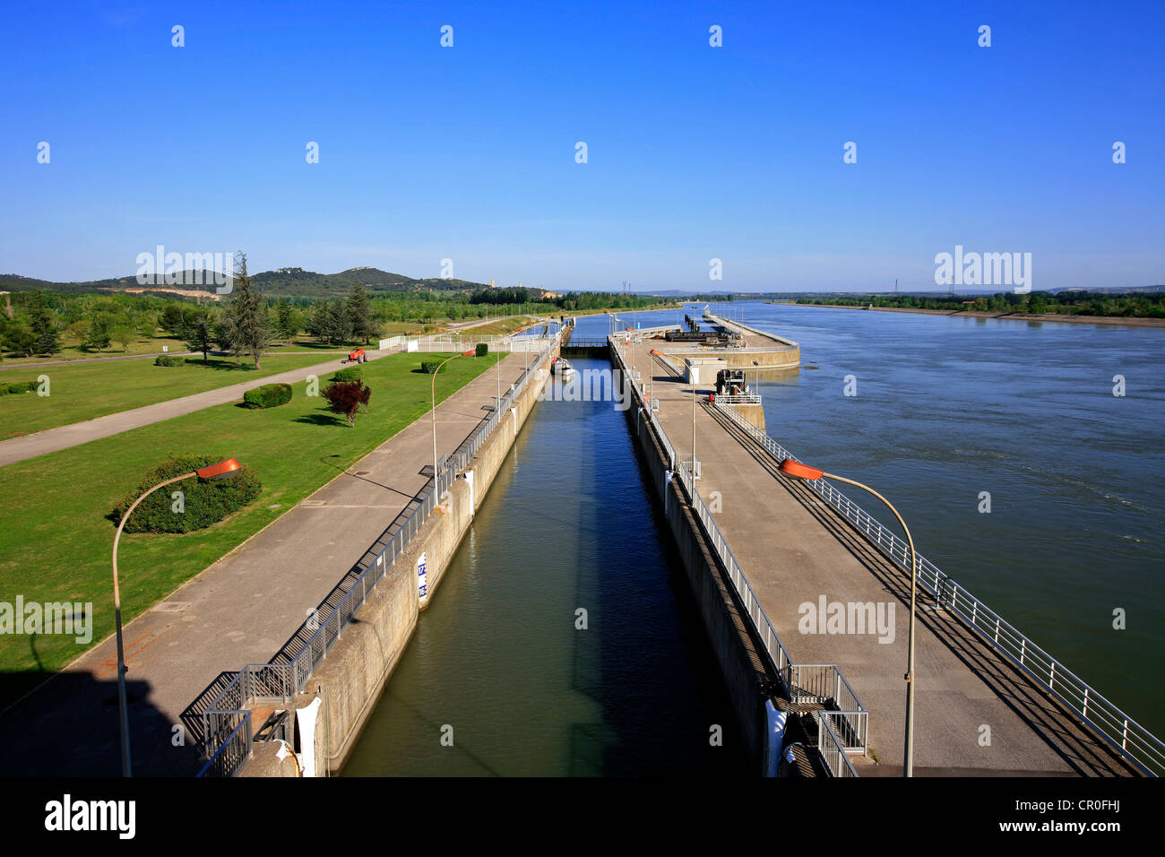 France, Gard, Beaucaire, power station/lock of Beaucaire on Rhone River ...