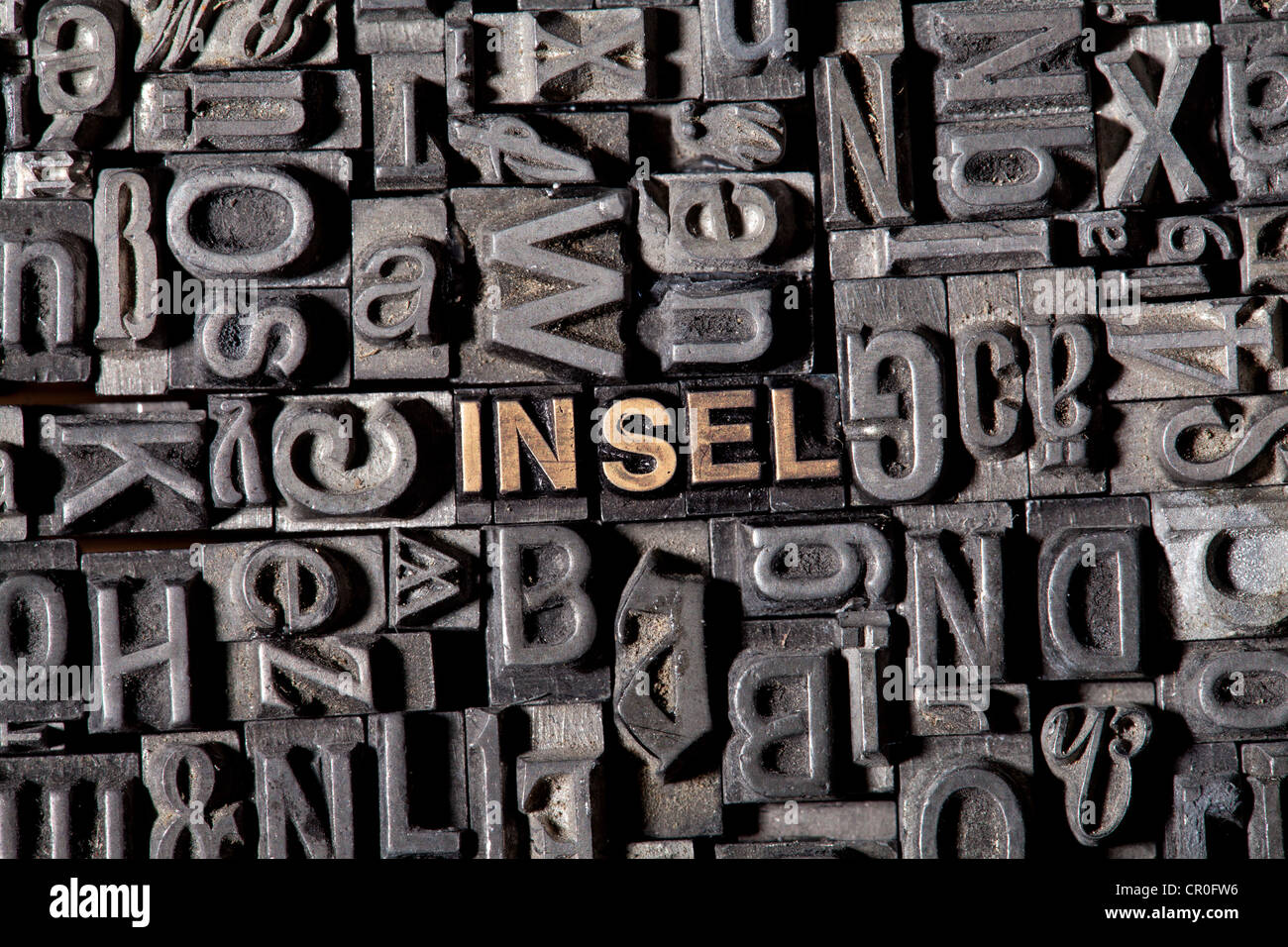 The word "Insel", German for "island", made of old lead type Stock ...