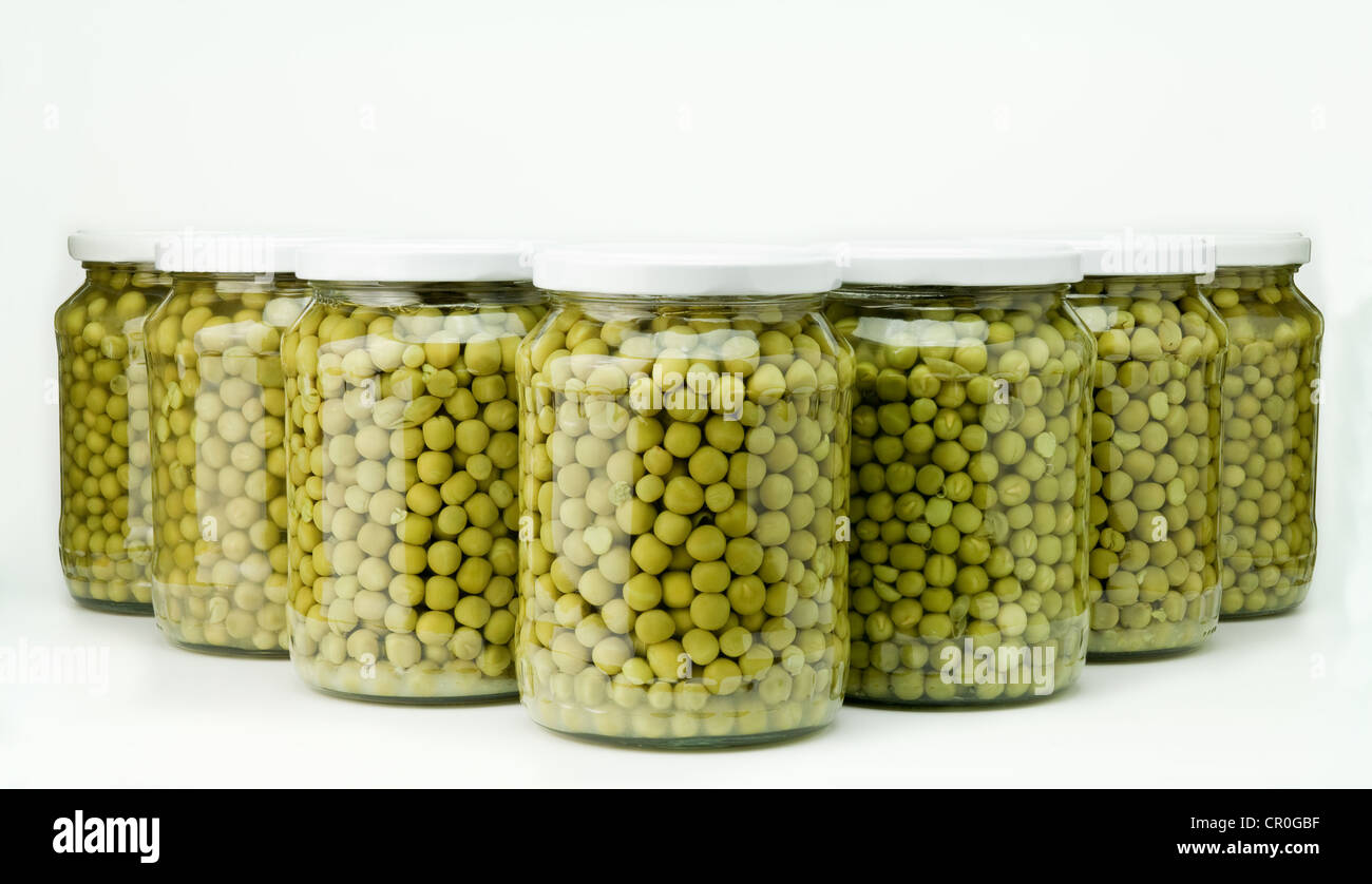 Jars of preserved green peas Stock Photo - Alamy