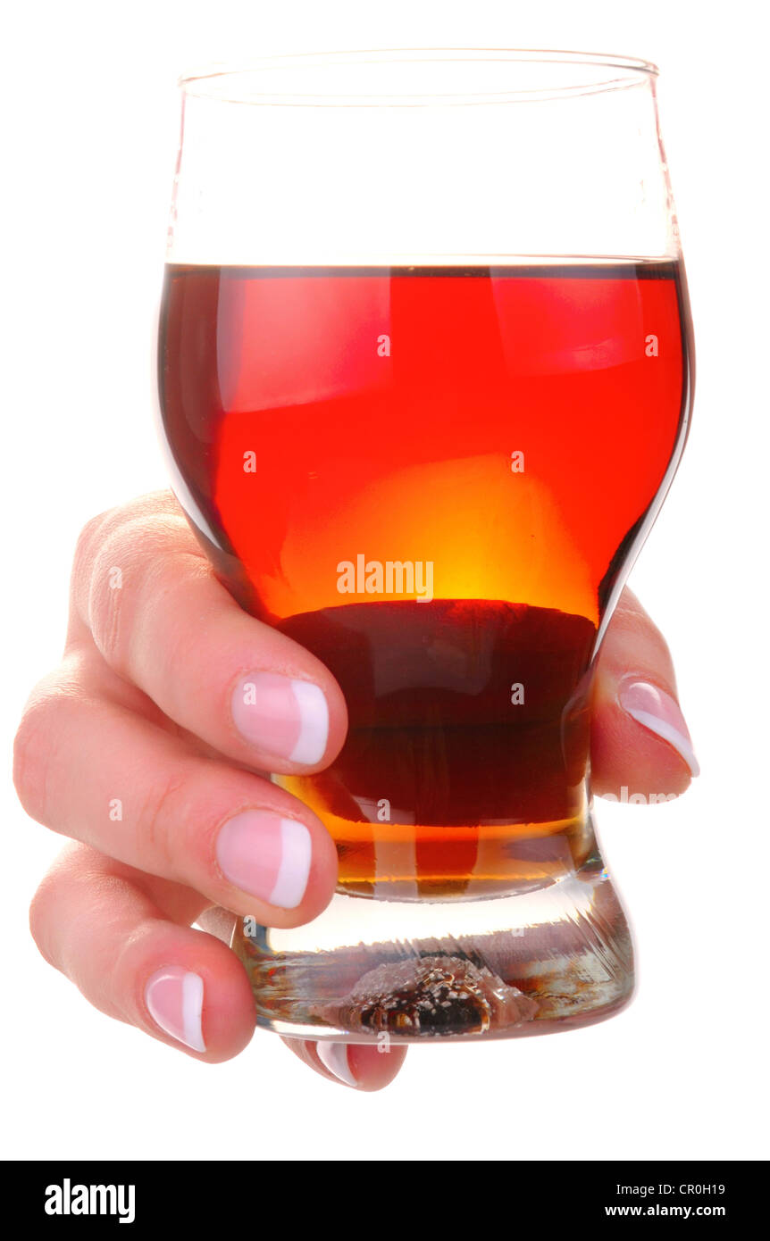 Female hand with drink on white background Stock Photo - Alamy
