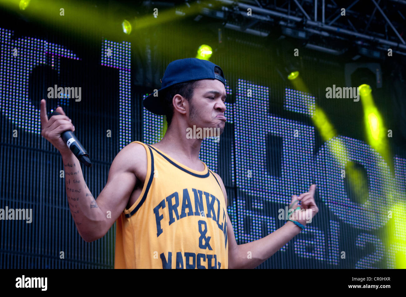Harley Alexander-Sule of Rizzle Kicks on stage at Evolution Festival ...