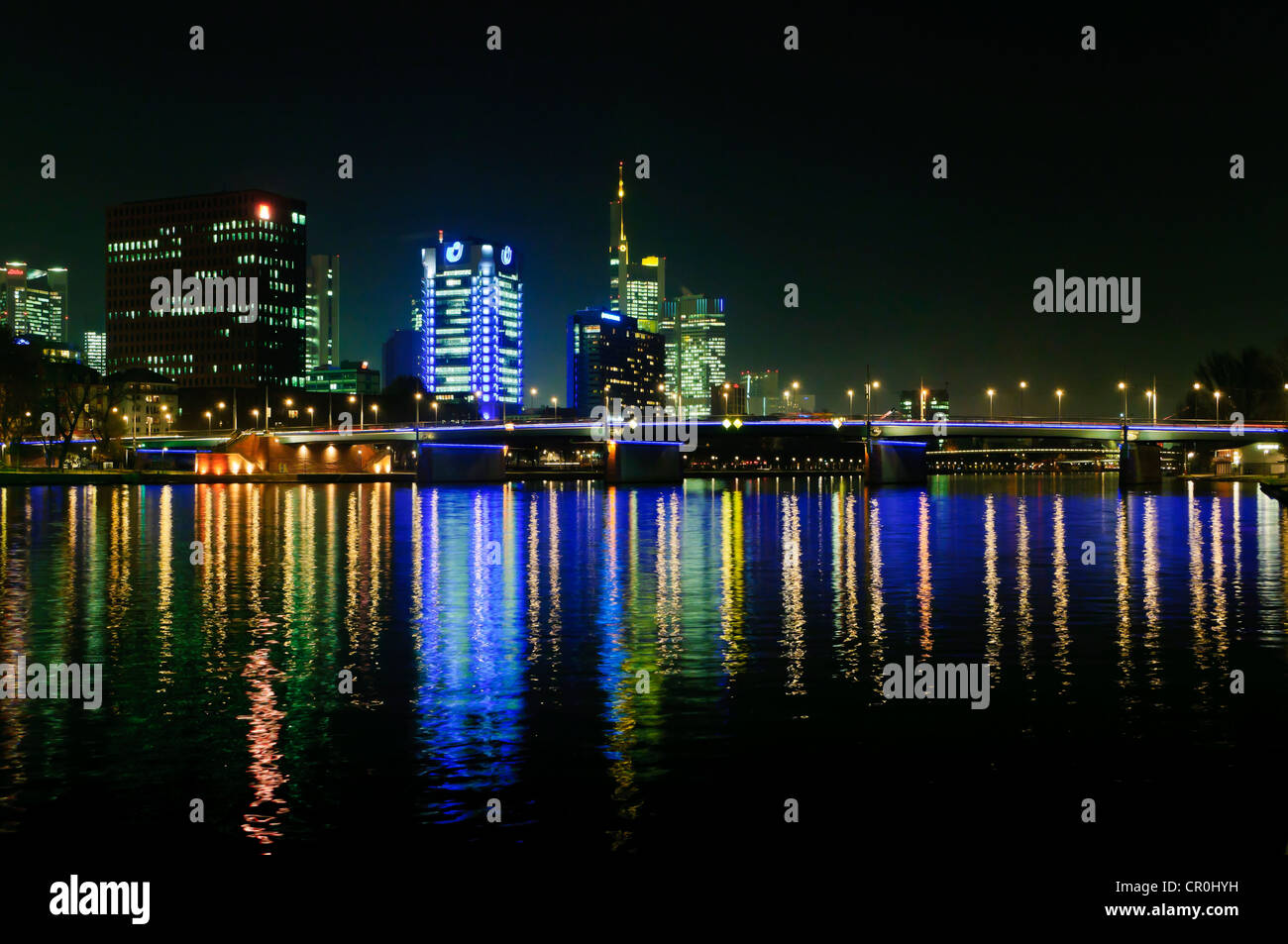View of the Frankfurt skyline with blue-lit Union Investment building ...