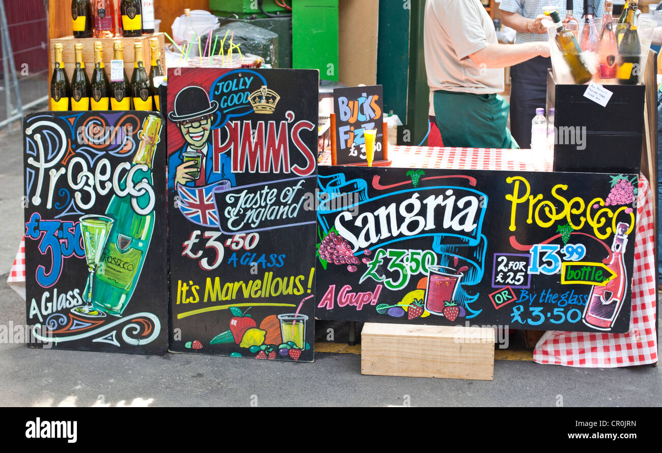 Alcoholic drink signs on display, Borough Market, London, England, UK ...
