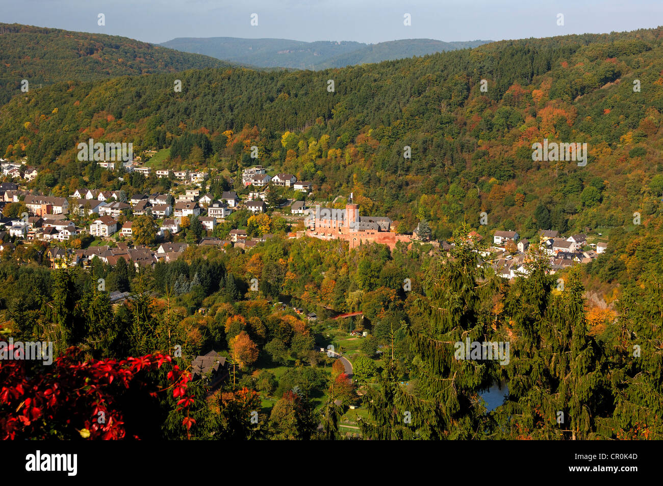 Heimbach on the Roer River, Rur River, Hengebach castle, autumn colored ...