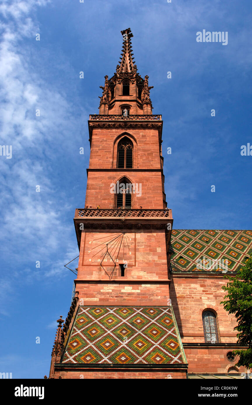Martinsturm tower of Basel Cathedral with a sundial, Basel, Switzerland ...