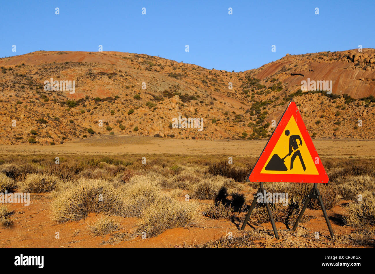 Warning sign for a construction site in the desert, Goegap Nature ...