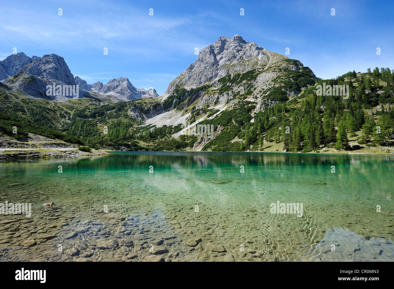 View across Seebensee Lake to Mt Sonnenspitze, Ehrwald, Tyrol, Austria ...