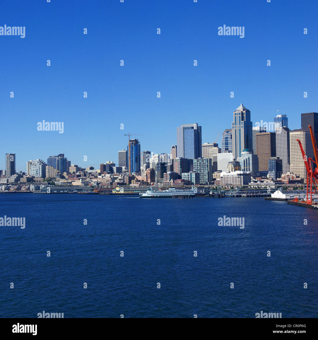 Panorama - Seattle waterfront skyline,with ferry and dockyard cranes ...