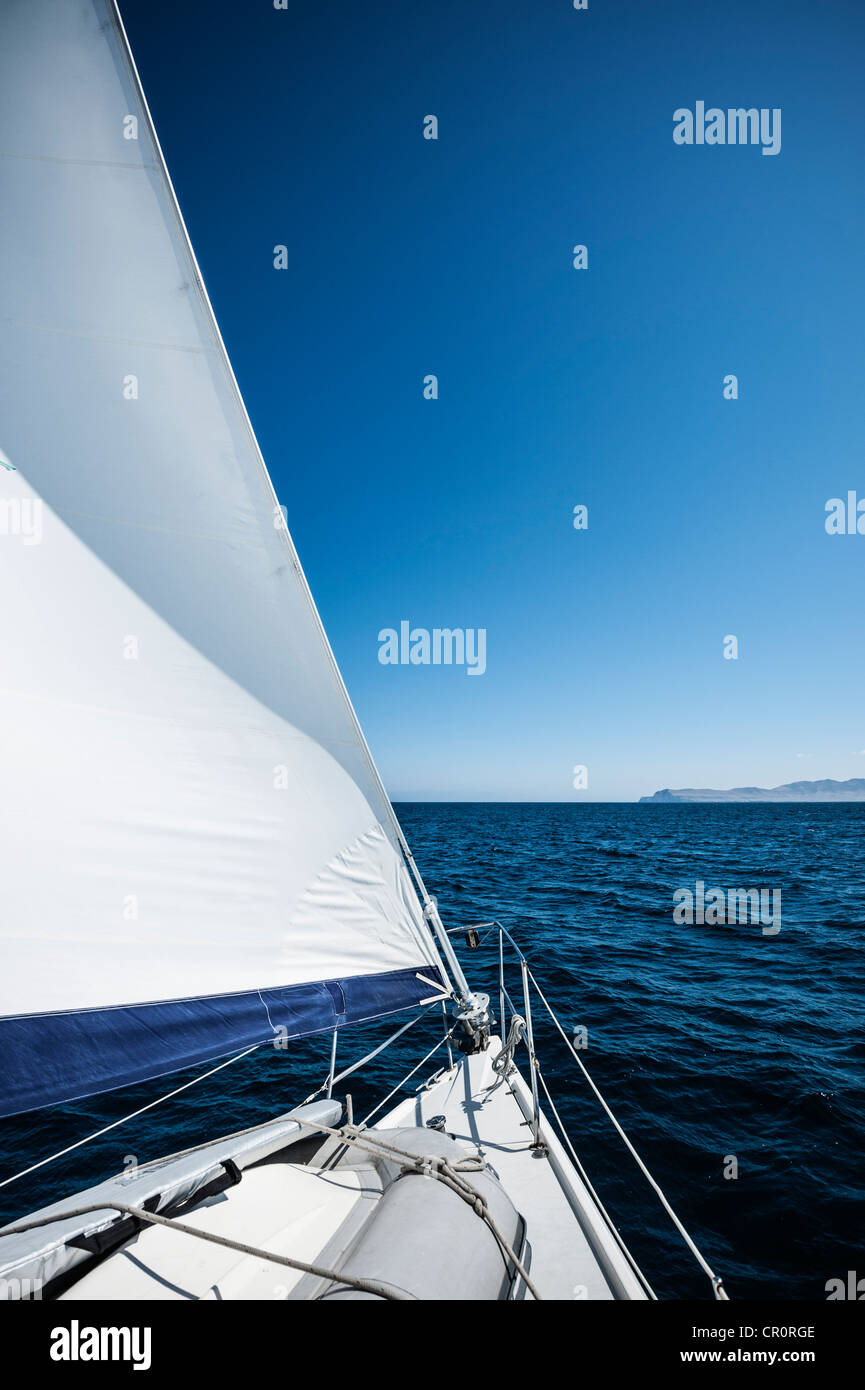Bow of sailboat with Santa Cruz Island in Distance, Channel Islands ...